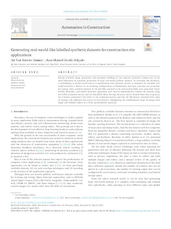 Generating Real World Like Labelled Synthetic Datasets For Construction Site Applications