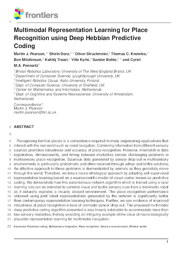 Multimodal Representation Learning For Place Recognition Using Deep Hebbian Predictive Coding